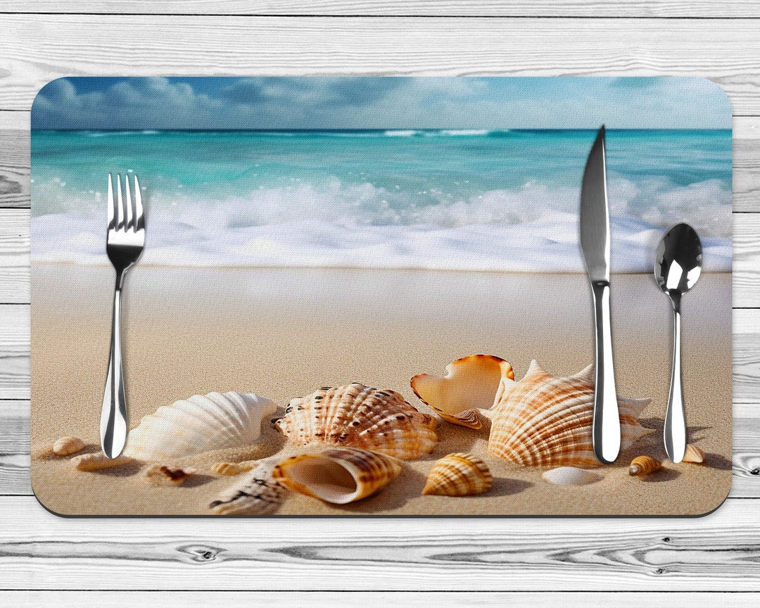 Set of 2 Beach Seashells on the Beach Placemats, Coastal Table Settings ...