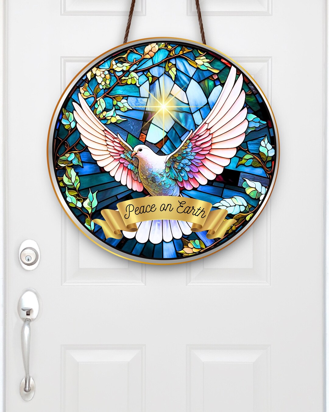 Faux Stained-glass Dove Peace on Earth Door Hanger Decor, Religious ...