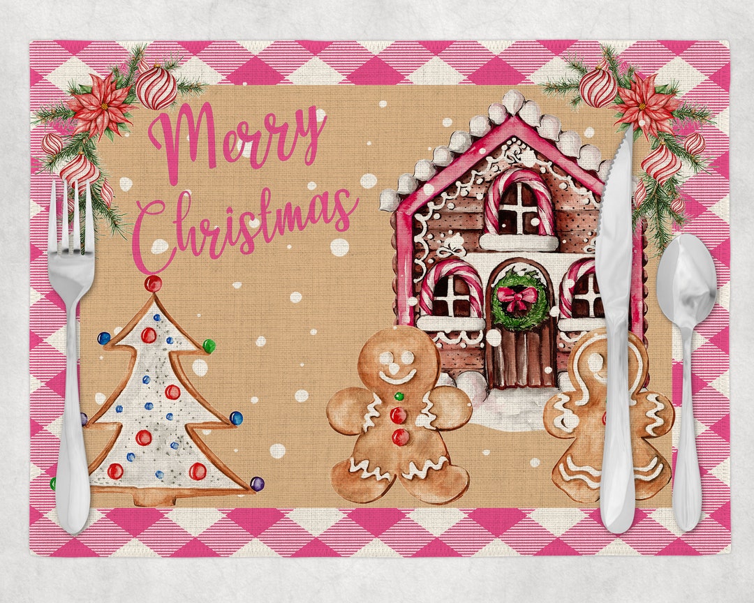 Set of 4 Christmas Pink Gingerbread Linen Table Placemats , Christmas ...