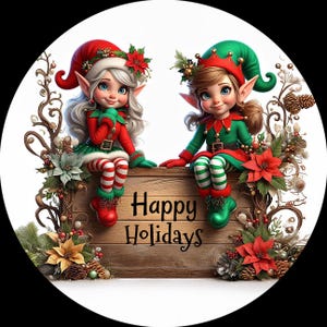 Happy Holidays Elves Metal Wreath Attachment Sign, Christmas Wreath ...