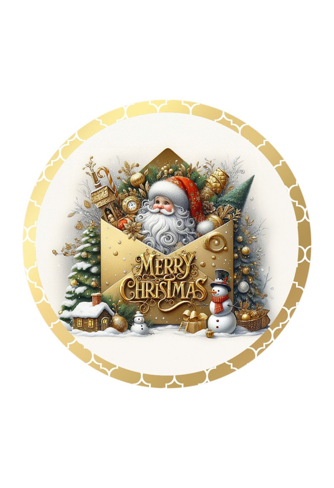 Gold Santa Peeking Out of an Envelope Christmas Sign, Wreath Attachment ...