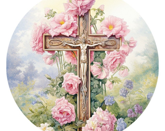Cross on a Bed of Roses Religious Sign, Easter Sunday Cross Sign ...