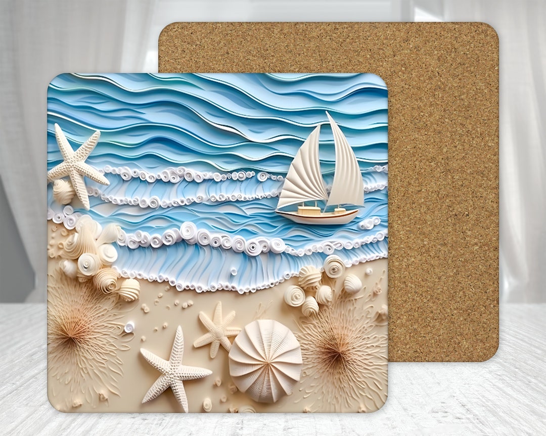Sailboat on the Beach Table Hot Mat, Beach Kitchen Table Cork Back ...