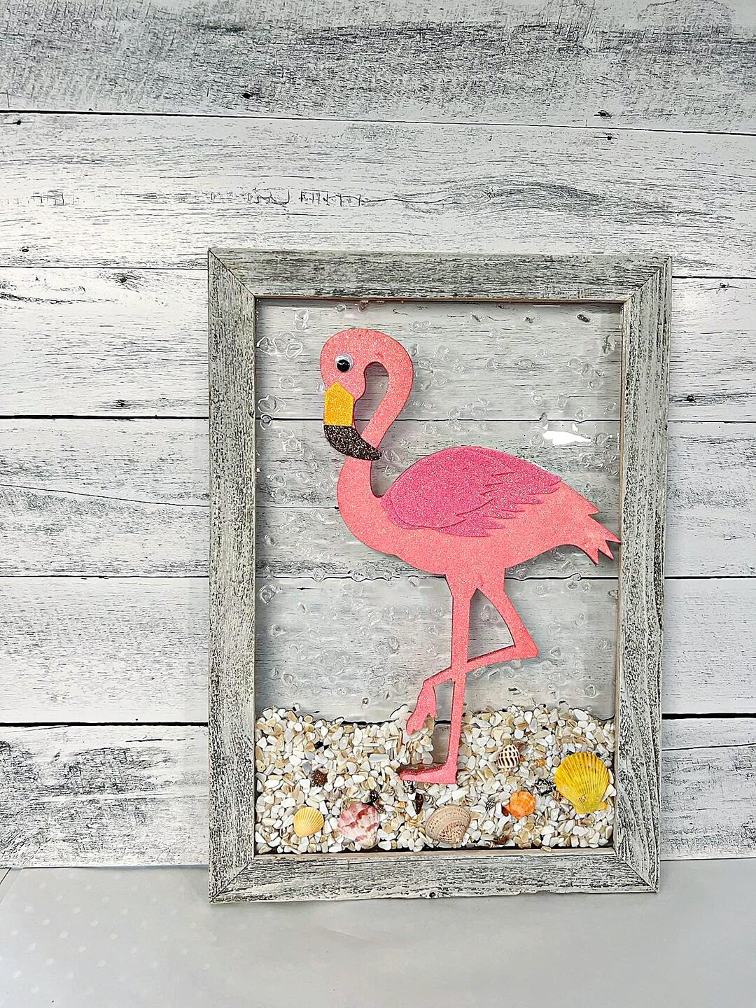 Pink Flamingo With Real Seashells Coastal Wall Art Picture, Beach Home ...
