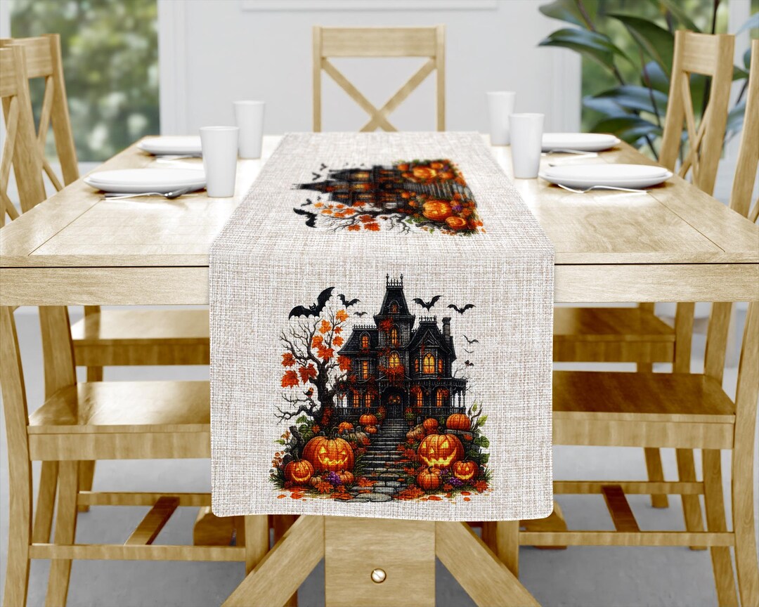 Halloween Castle Linen Table Runner, Spooky Trick or Treat Table Decor ...