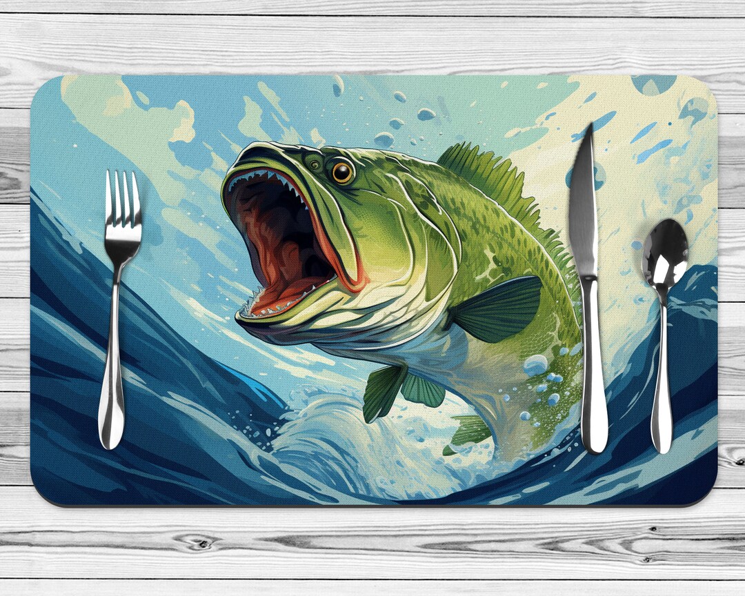 Set of 2 Large Mouth Bass Placemats, Fishing Placemats, Coastal Table ...