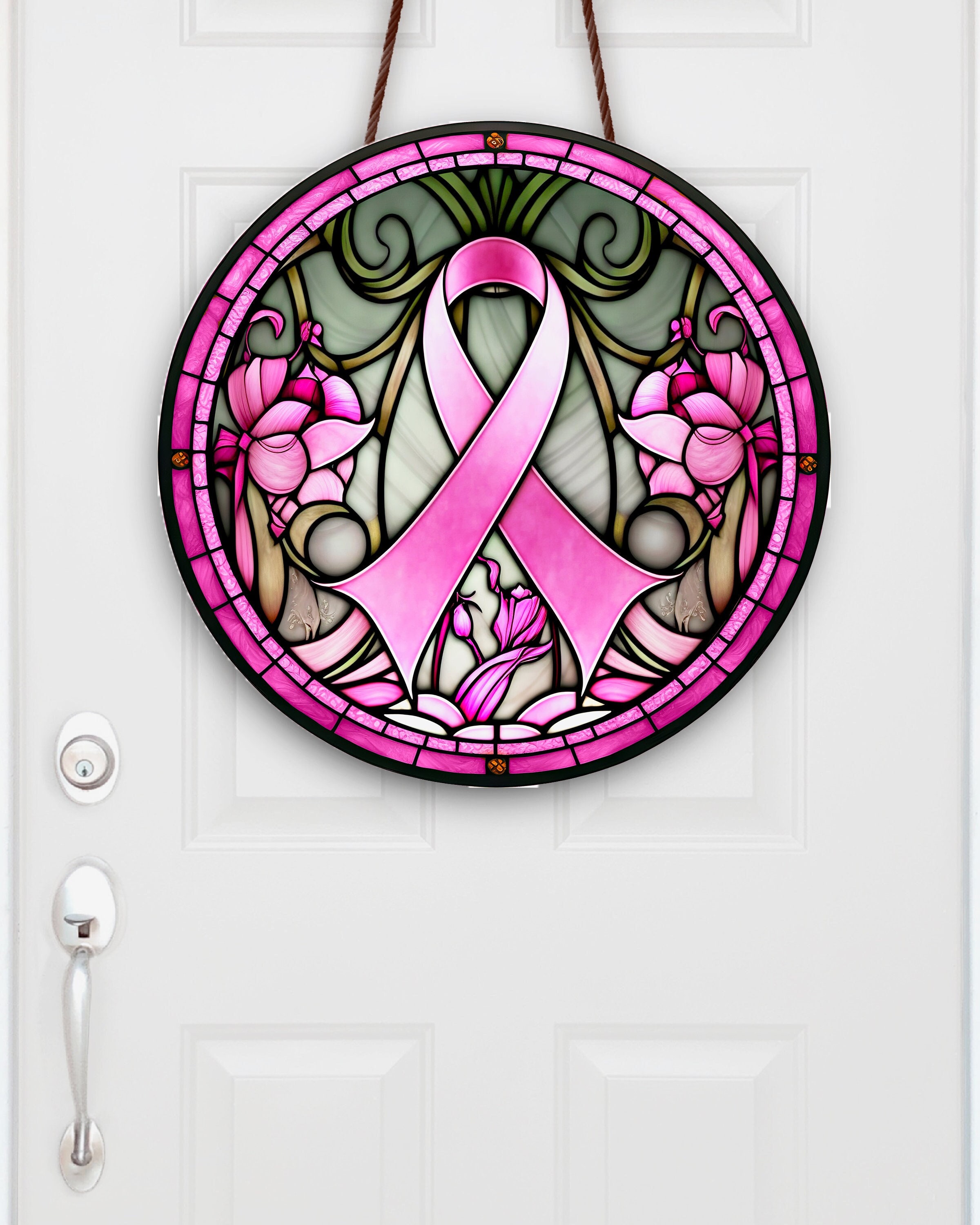Breast Cancer Awareness-stained Glass Look Doorhanger, Spring Summer ...