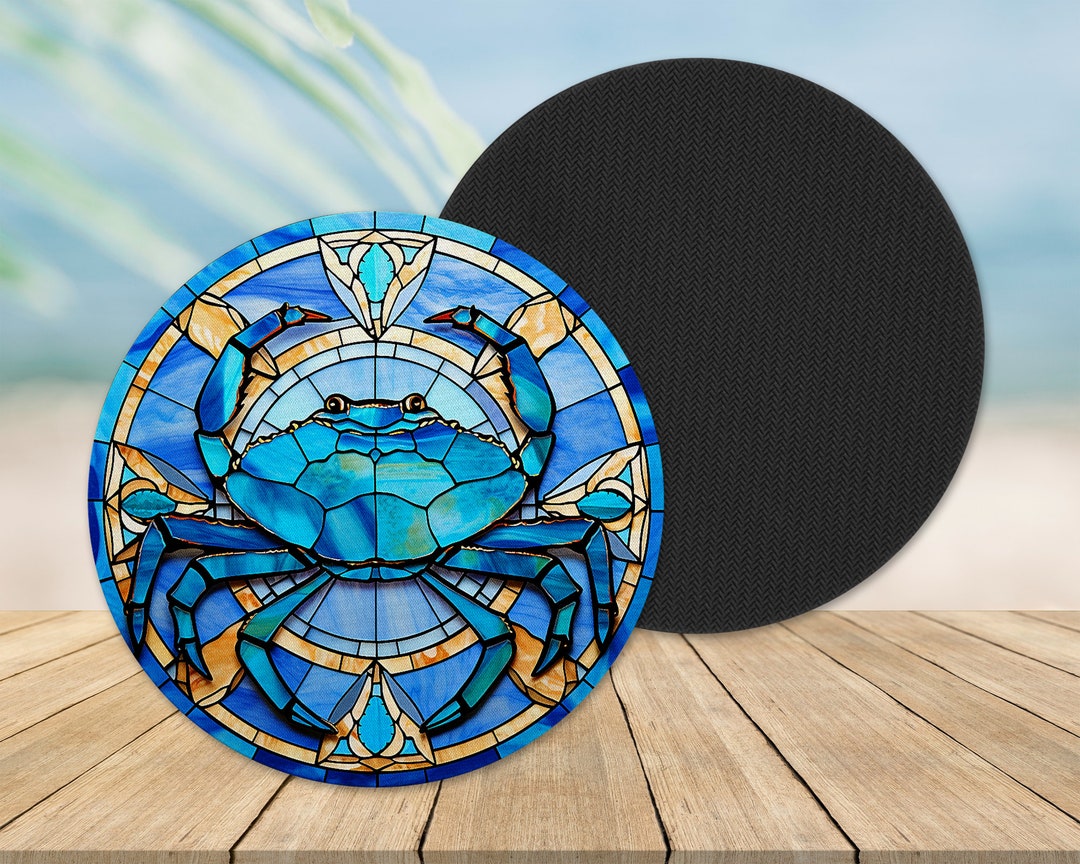 Stained Glass Look Blue Crab Beach Coasters, Set of 4 Rubber Back No ...