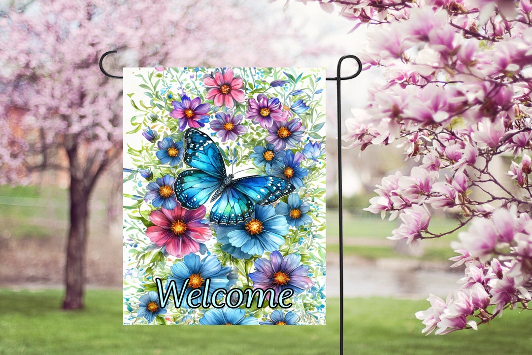 Blue Butterfly Garden Flag, Floral Everyday Yard Decoration, Front Door ...