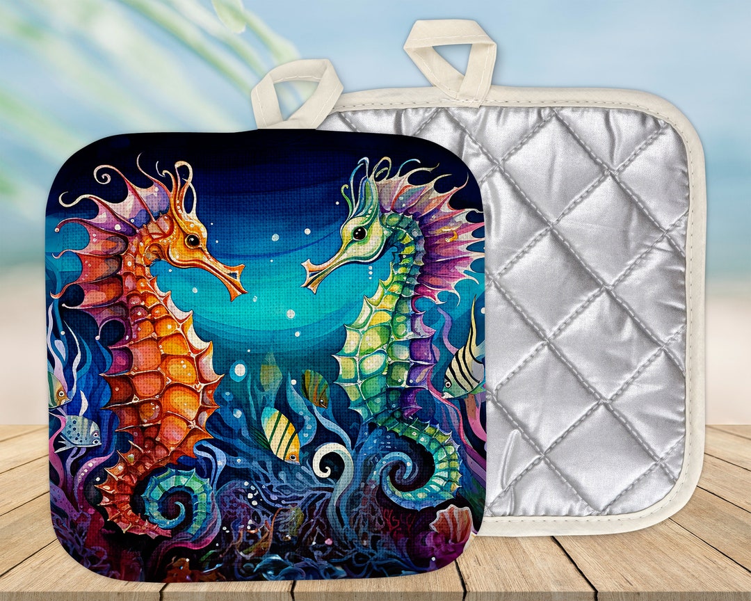 Set of 2 Seahorse Potholders, Kitchen Pot Holders, Coastal Kitchen ...