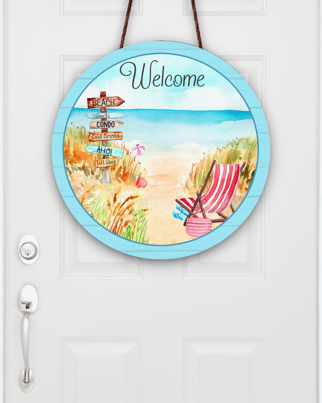 Beach Chair Beach Scene Welcome Doorhanger, Coastal Seashell Door ...