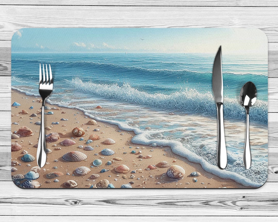 Set of 2 Seashells on the Beach Surf Placemats, Coastal Table Settings ...