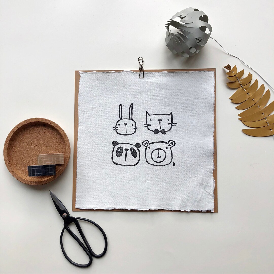 Poster - Handmade Paper With Cute Animal Illustrations 20x20 Cm - Etsy