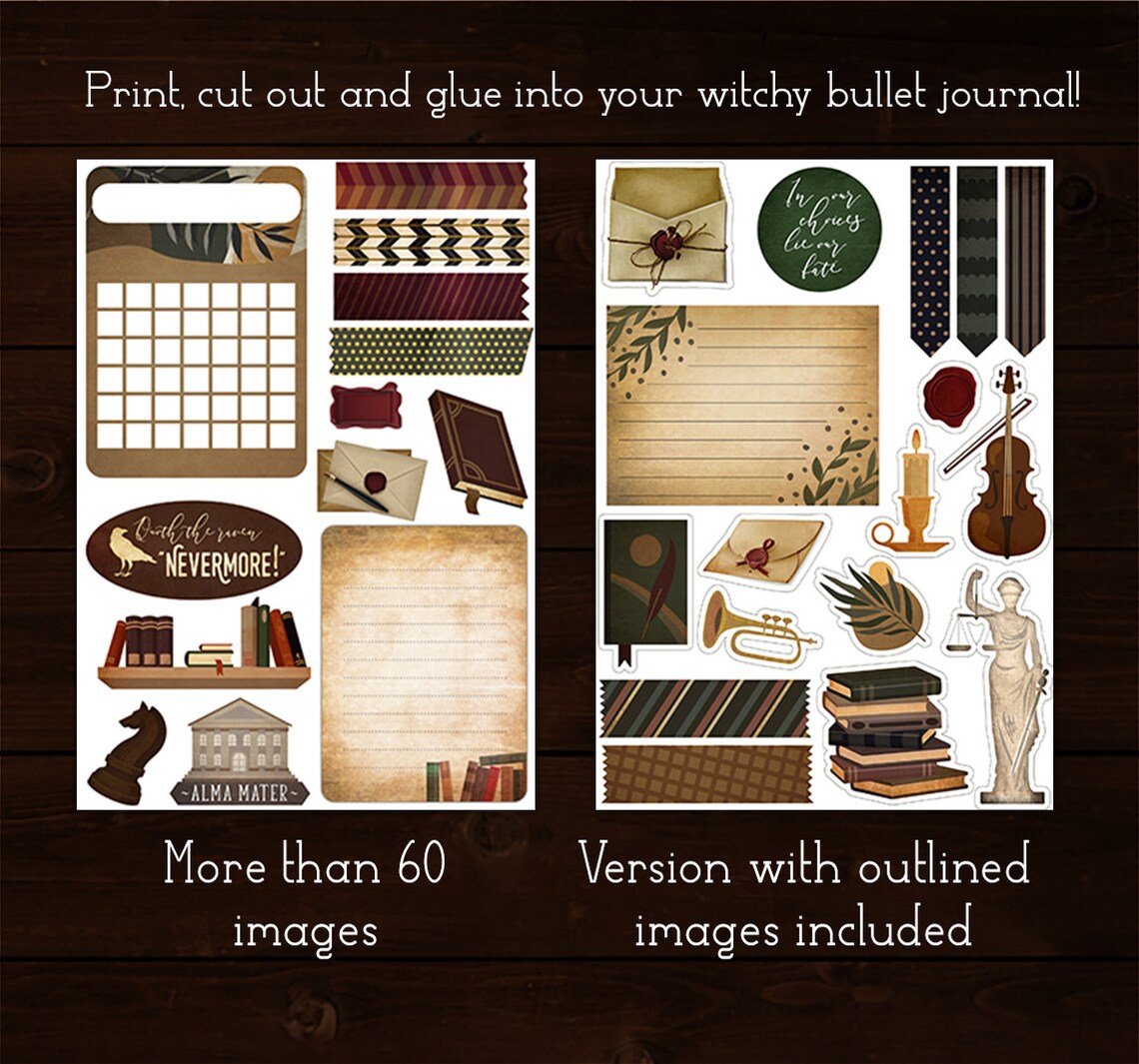 Dark Academia Sticker Kit Printable PDF Bujo Stickers A5 - Etsy