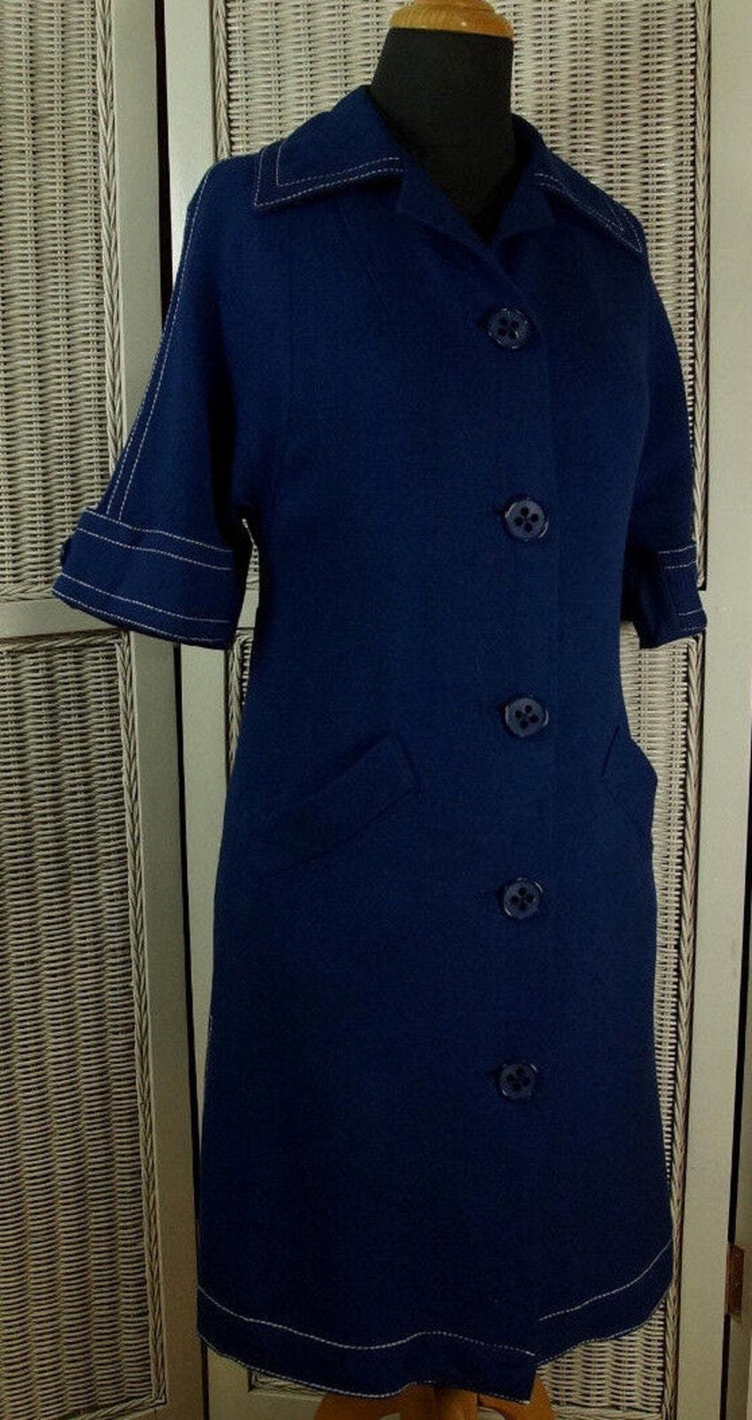 Elgee of London Vintage 1960s-70s Linen Coat Dress XS-S Classic Blue ...