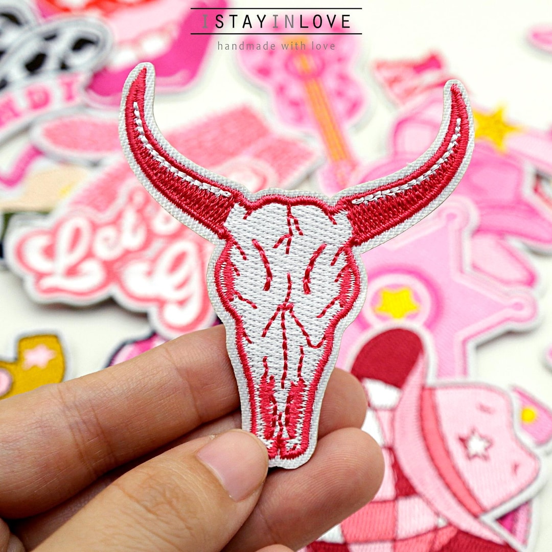 Pink Cow Skull Patch, Retro Patch, Hat Patches, Embroidery Patch, Iron ...