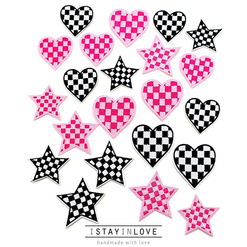 Black and White Checkered Star Patches, Pink Checkered Heart Patches ...