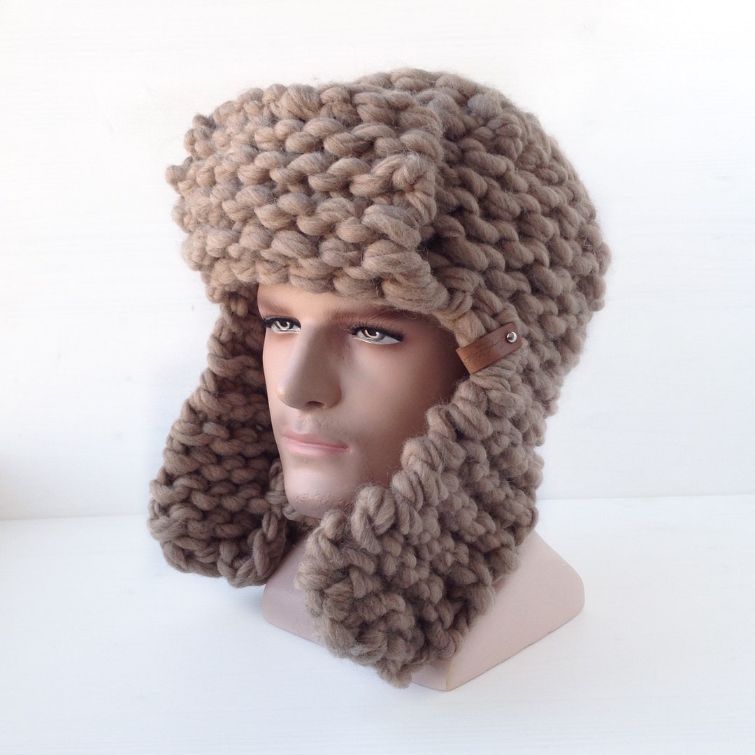 Russian Ushanka Men Trapper Hat Winter Chunky Knit Hat With Ear Flaps ...