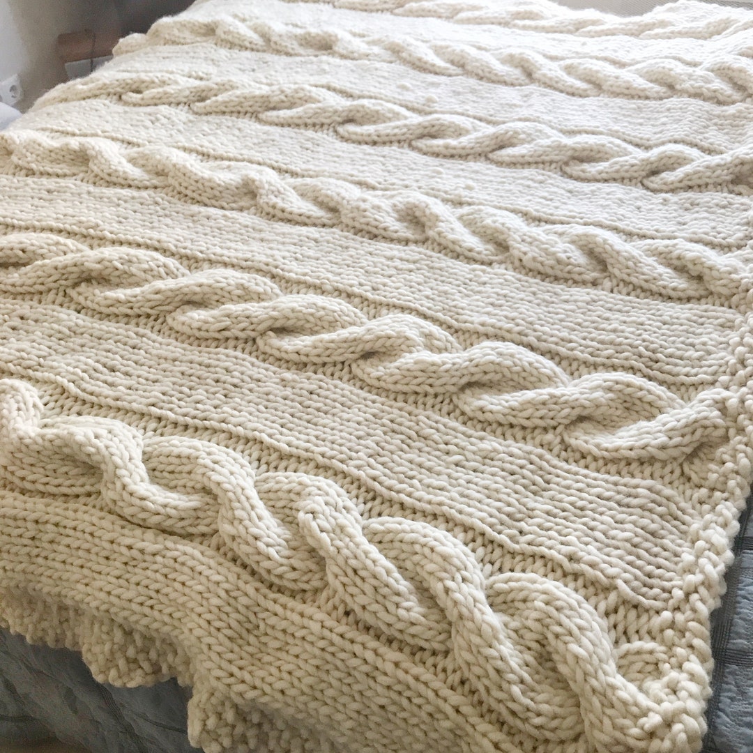 Chunky Cable Knit Blanket Hand Knitted Wool Throw White Ivory Col.5508 ...