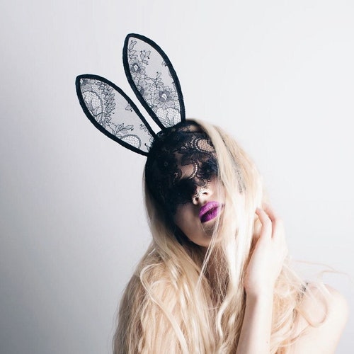 Midnight Bunny Black Lace Bunny Mask With Veil And Tall Ears Etsy