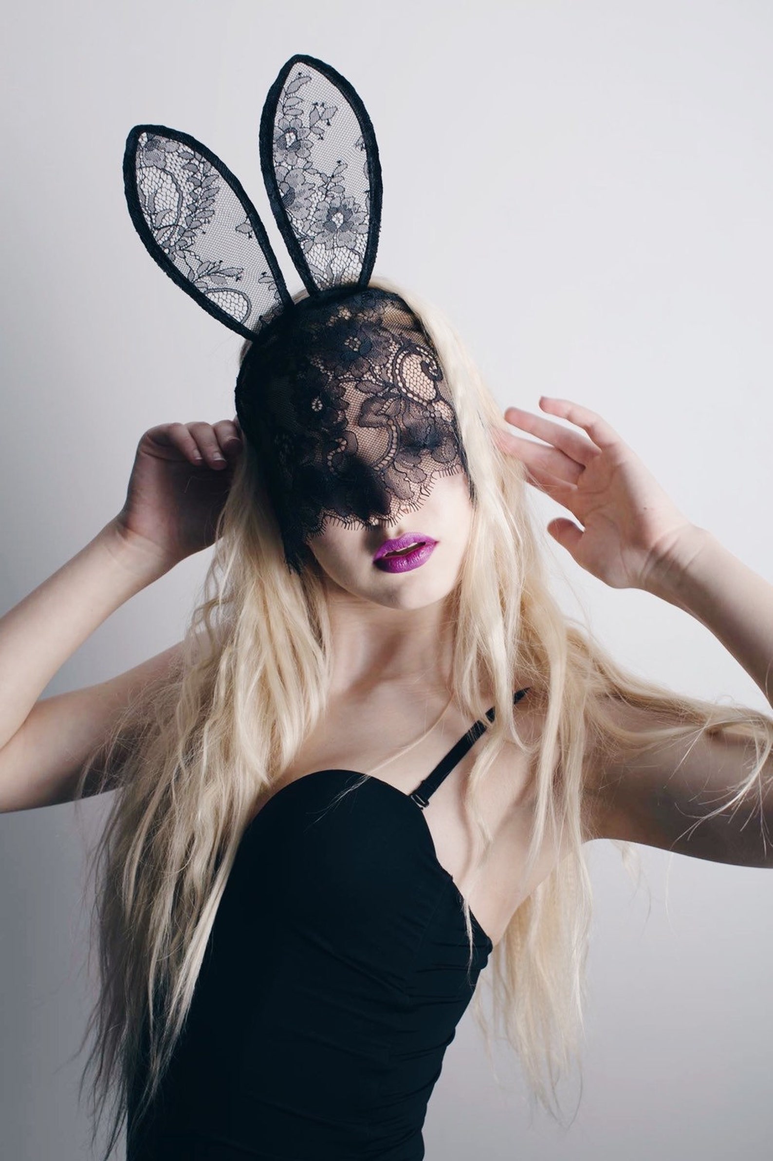 BOUDOIR BUNNY Black Lace Bunny Mask With Tall Ears and Veil - Etsy