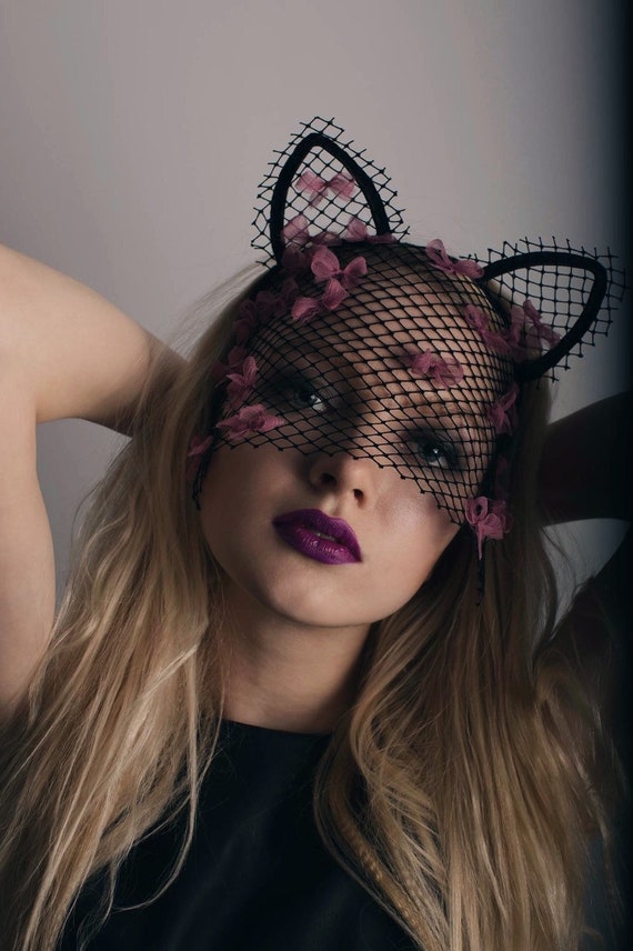 SILK KITTEN Cat Mask With Net Veil and Natural Silk Ribbons in - Etsy