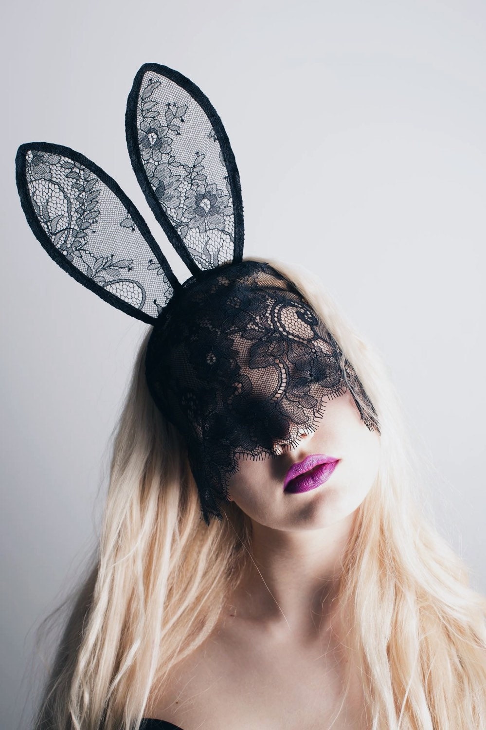 BOUDOIR BUNNY Black Lace Bunny Mask With Tall Ears and Veil - Etsy
