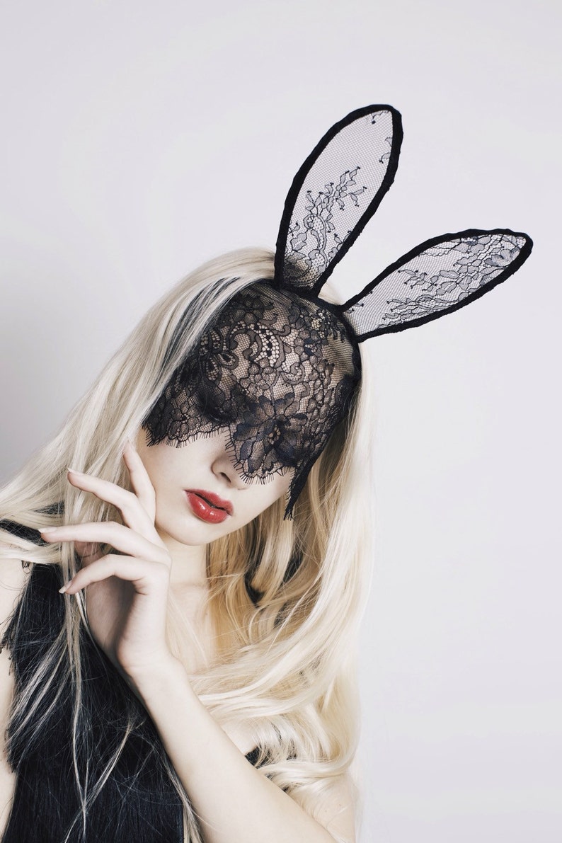 MIDNIGHT BUNNY Black Lace Bunny Mask With Veil and Tall Ears - Etsy