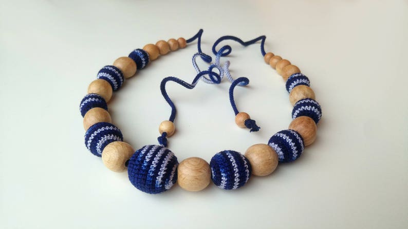 Blue Striped Crochet Necklace Wooden Natural Beaded Necklace - Etsy