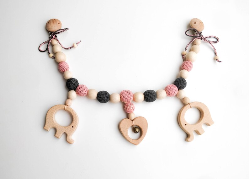 Pram Garland With Wooden Toys - Heart and Two Elephants - Baby Shower ...