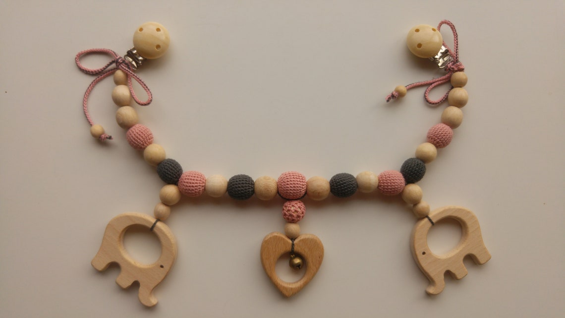 Pram Garland With Wooden Toys - Heart and Two Elephants - Baby Shower ...