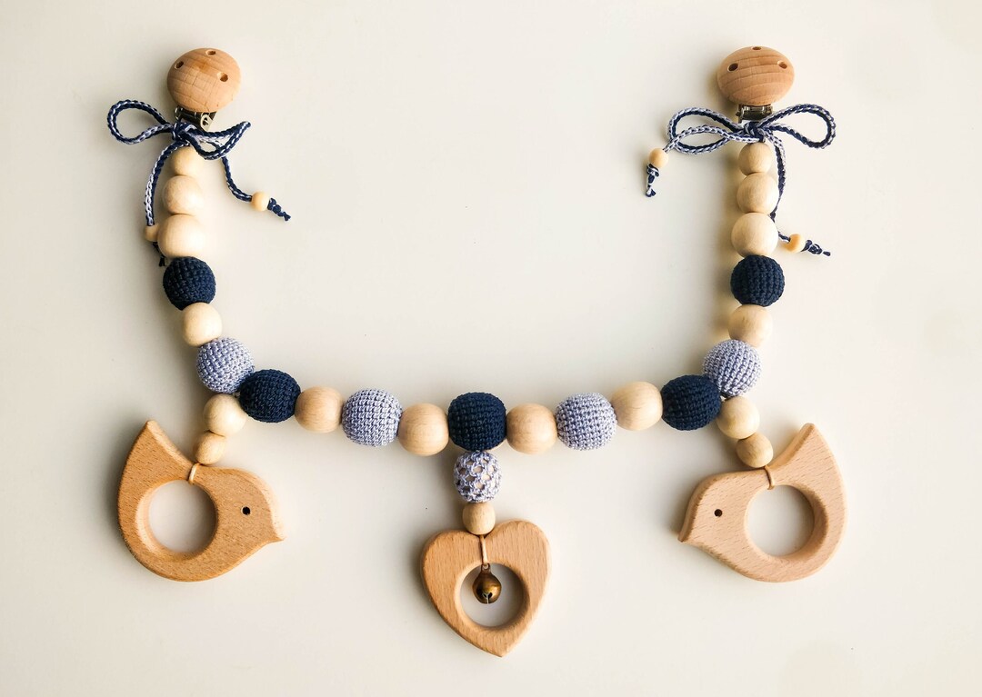 Ligh Blue and Dark Blue Pram Garland With Wooden Toys - Birds and Heart ...