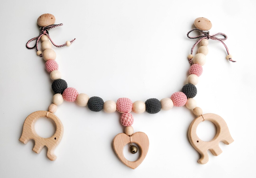 Pram Garland With Wooden Toys - Heart and Two Elephants - Baby Shower ...