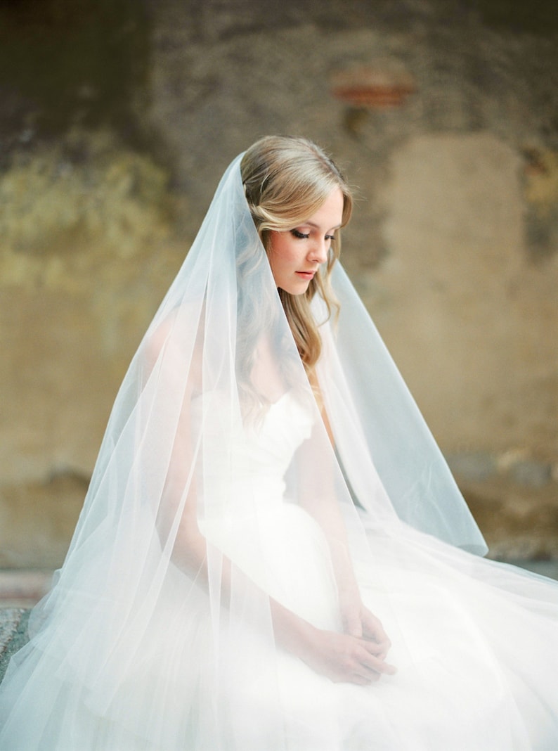 Italian Soft Tulle Circle Fingertip Wedding Veil With Blusher, Ivory ...