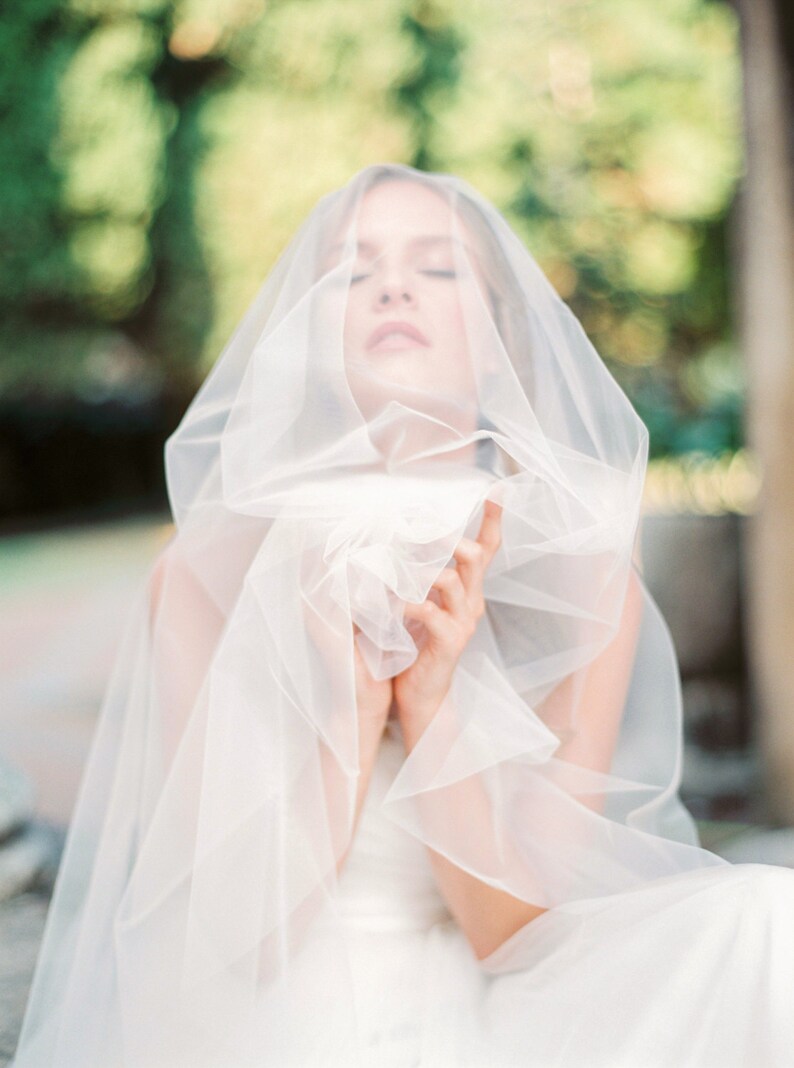 Italian Soft Tulle Circle Fingertip Wedding Veil With Blusher, Ivory ...