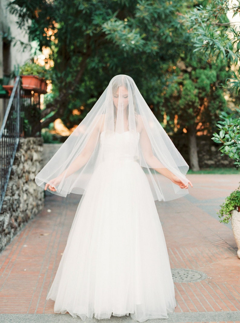 Italian Soft Tulle Circle Fingertip Wedding Veil With Blusher, Ivory ...