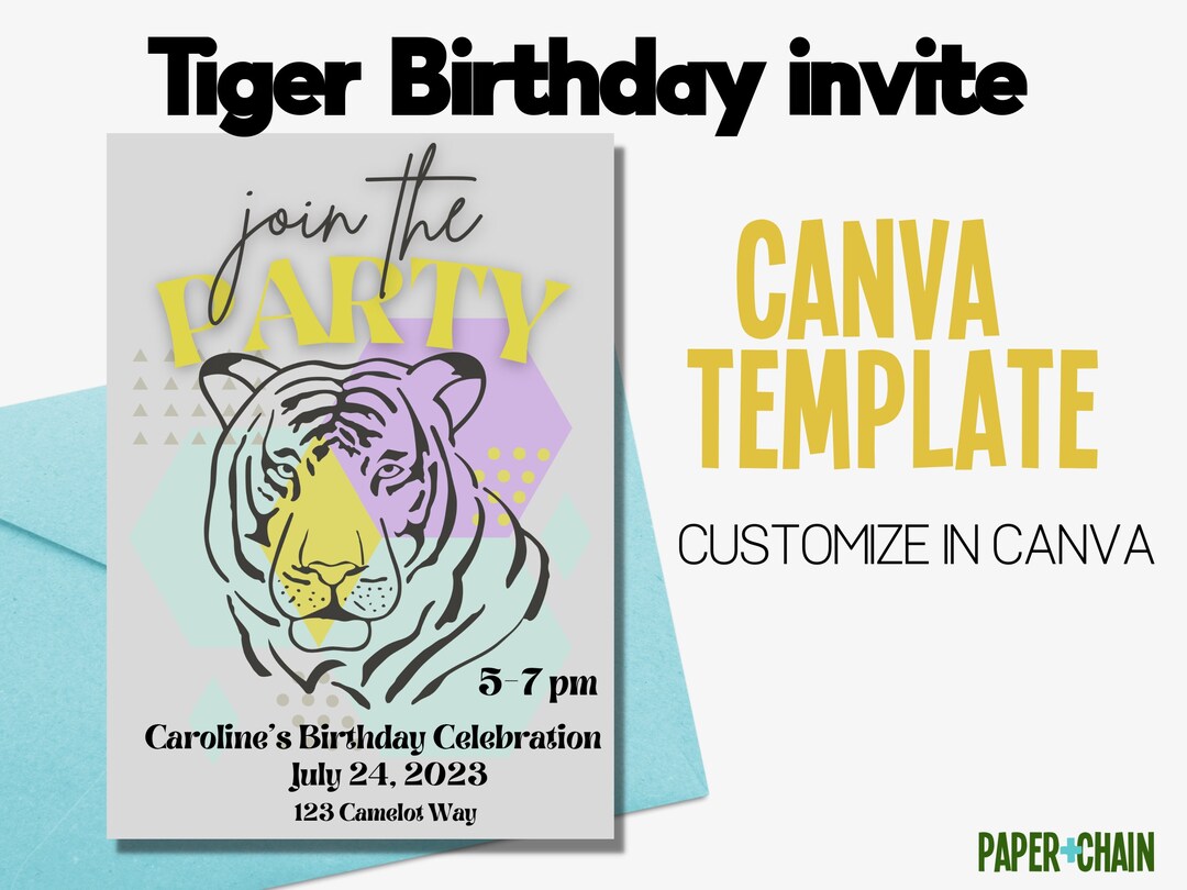Tiger Graphic Birthday Party Invitation Canva Template - Etsy
