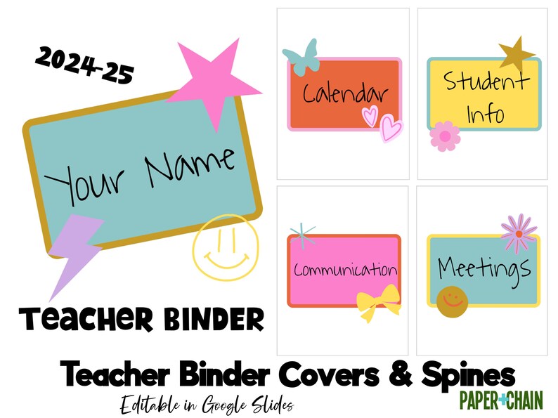 Teacher Binder Covers & Spine Editable in Google Slides, Patches - Etsy