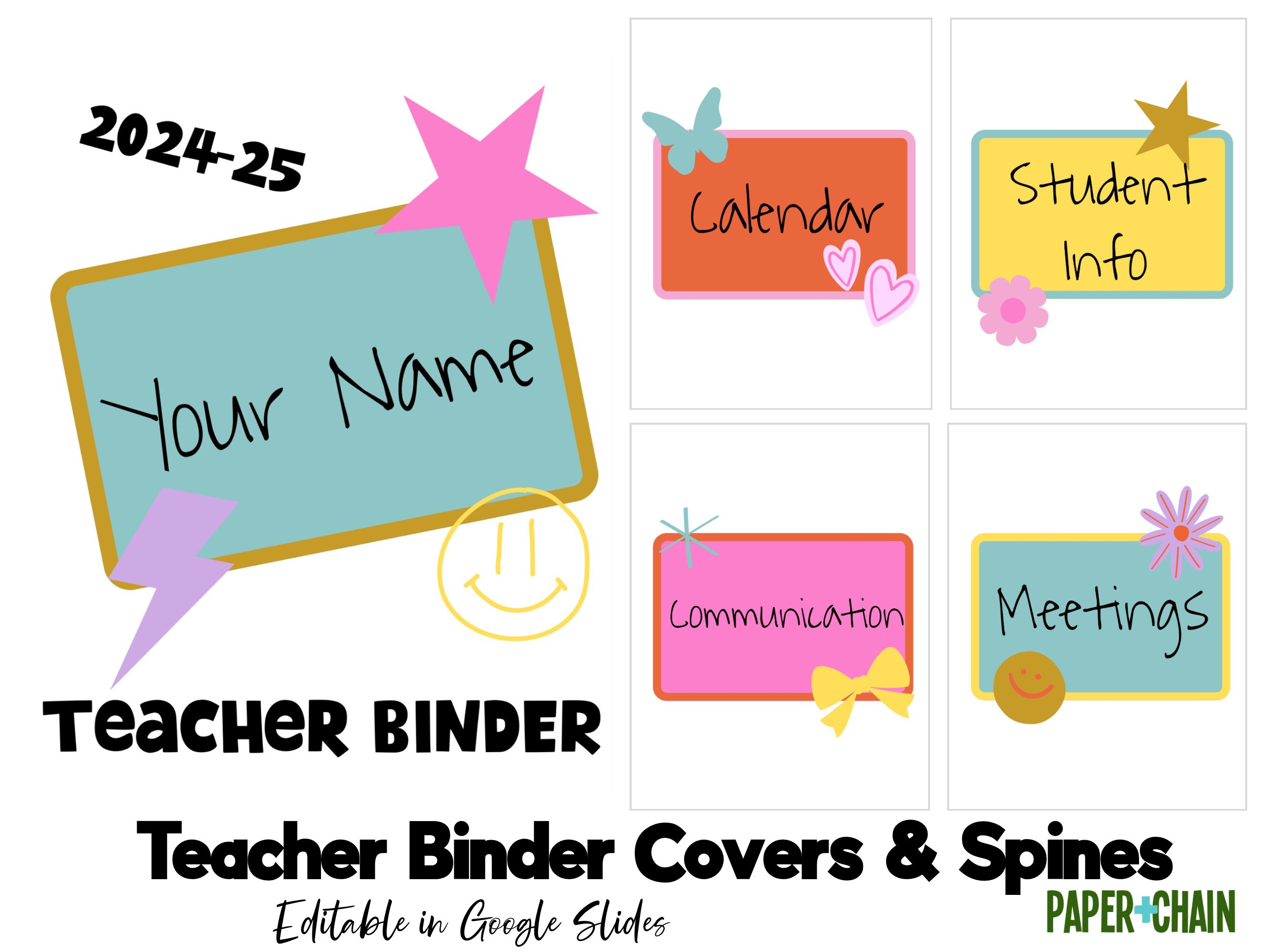 Teacher Binder Covers & Spine Editable in Google Slides, Patches - Etsy