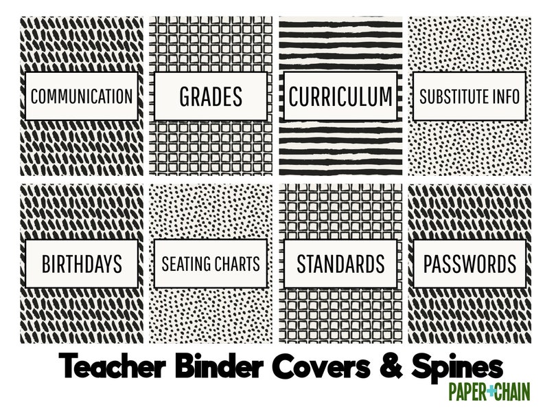Teacher Binder Covers & Spine Editable in Google Slides, Black White - Etsy