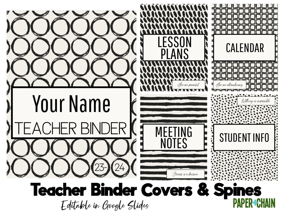 Teacher Binder Covers & Spine Editable in Google Slides, Black White - Etsy