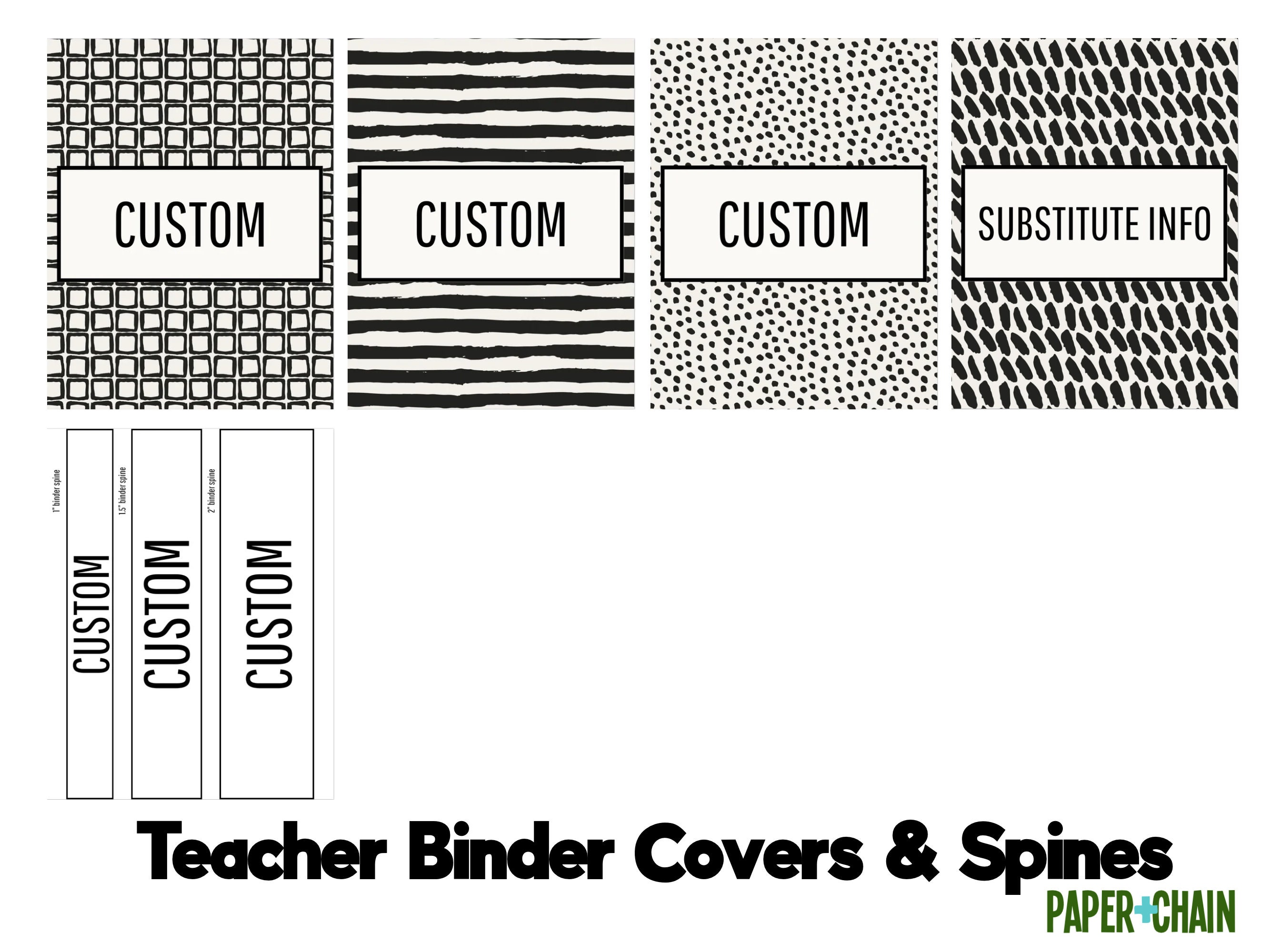 Teacher Binder Covers & Spine Editable in Google Slides, Black White - Etsy