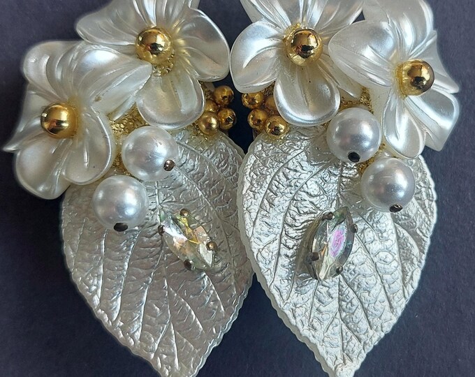 80s Pearl Flower Earrings 6cm - Vintage 1980s XL Oversized Pearl and ...