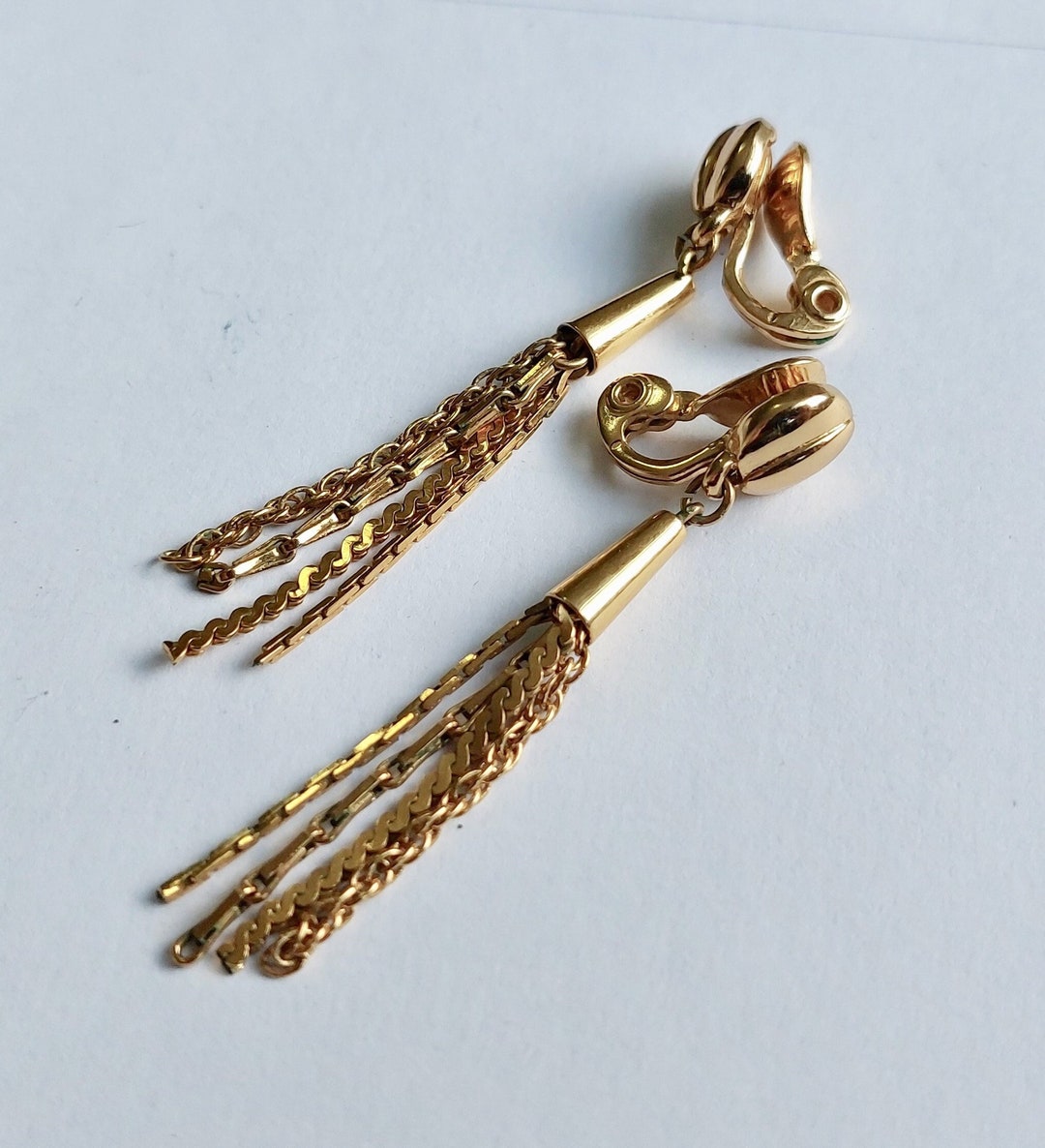 MONET EARRINGS 5.5cm - Gold Tassel Earrings - 80s Vintage Gold Tone ...