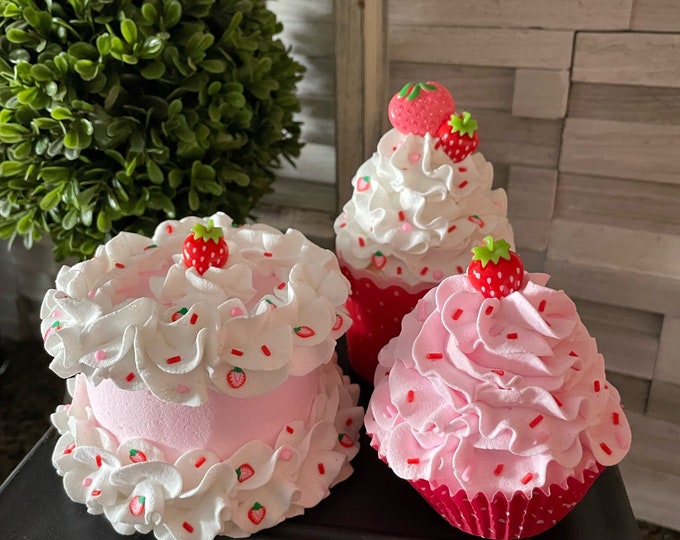 Strawberry Fields Faux Faux Desserts Fake Cake Coffee Bar Decor Tiered Tray Decor Dessert Bar ...