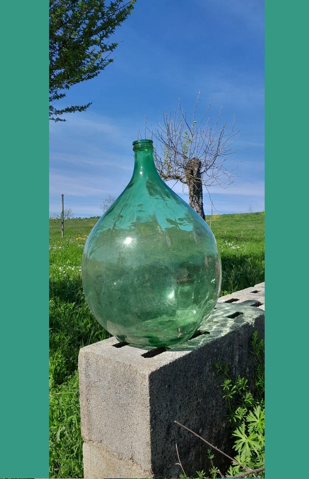21" Vintage Water Green Glass Demijohn, Italian Glass Carboy, Wine ...