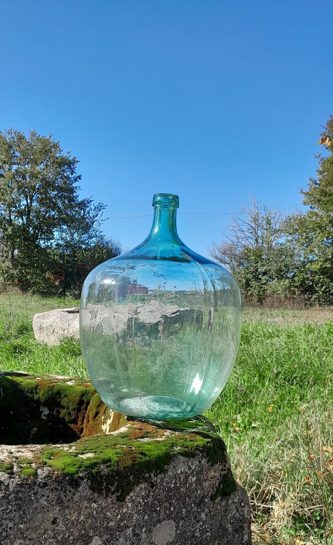 Vintage Giant Conic Demijohn, Transparent Natural Green Turquoise Glass ...