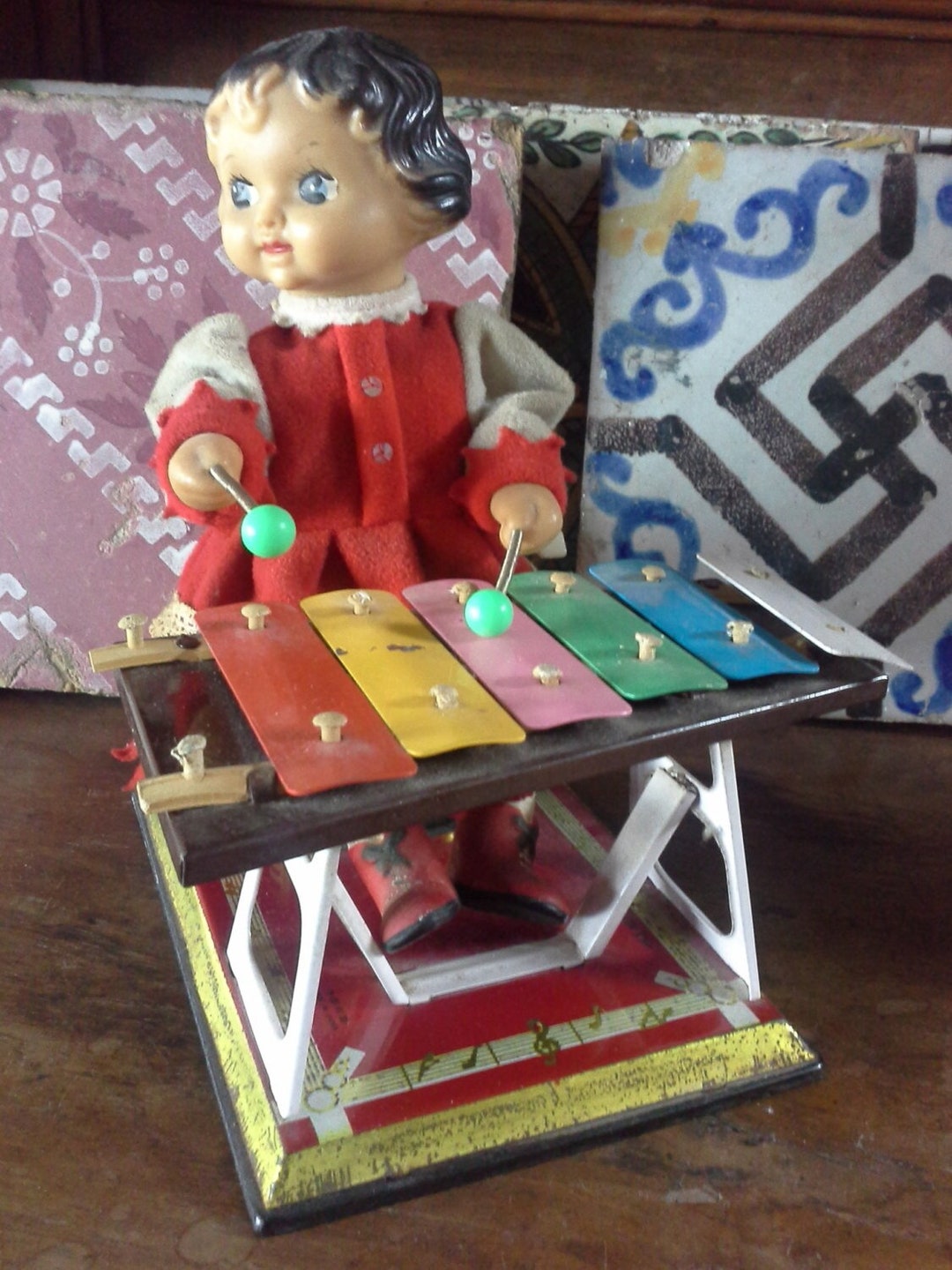 Vintage Doll Plays Xylophone, Old Carillon Percussion Instrument Music ...