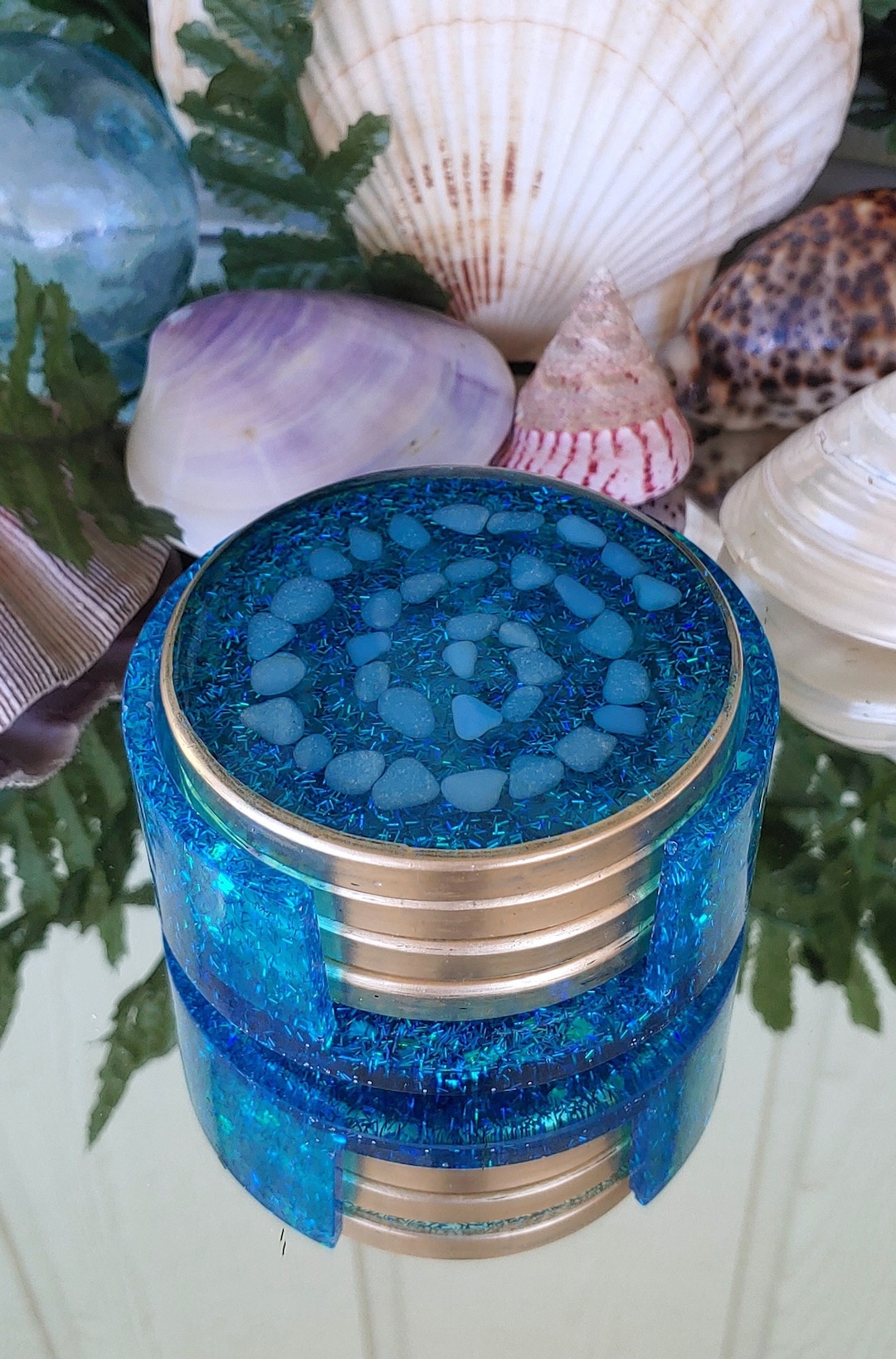 Stunning Sea Glass Design Coaster Set With Holder for Four Blue Round ...