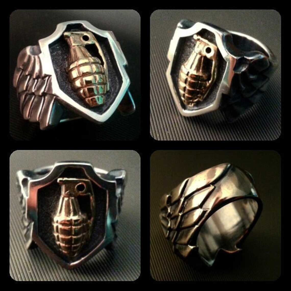 Size 10 Sterling Silver and Brass Flying Grenade Ring for Men's Fashion ...
